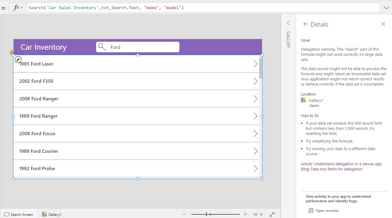 Power Apps Search Function Delegation Warning Workarounds